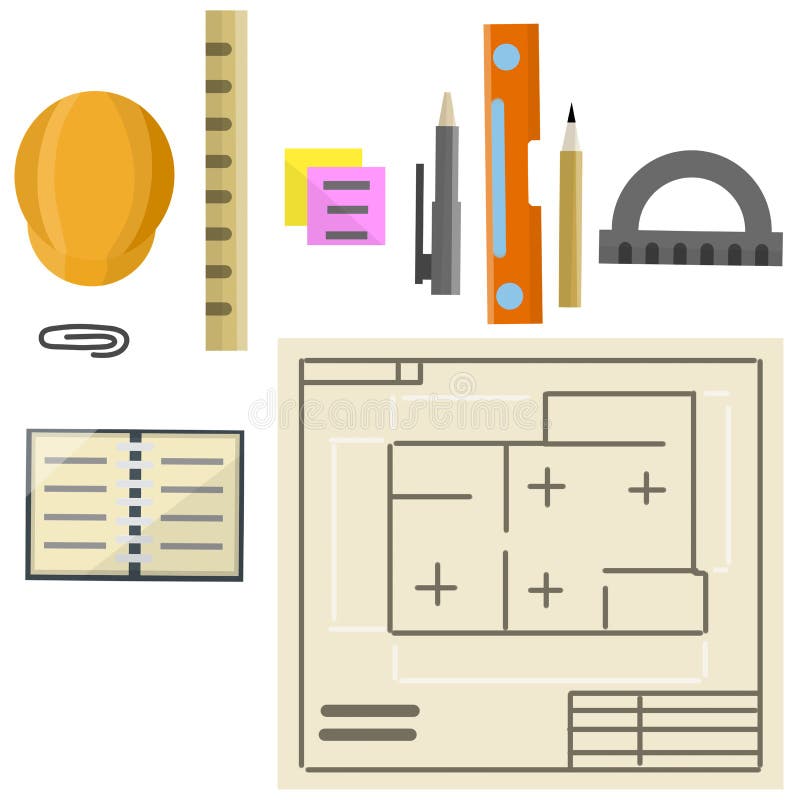 Engineer Kit. Drawing Plan of Building Stock Vector - Illustration of ...