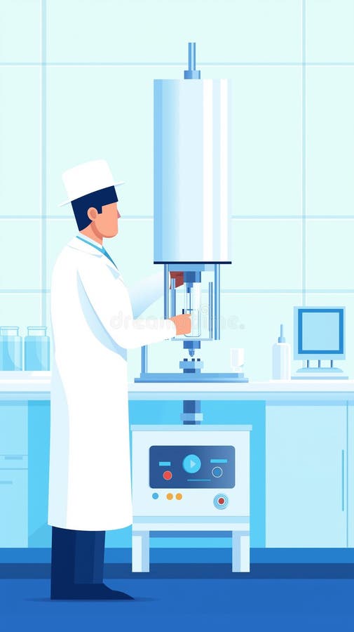 Engineer in Lab Coat, Inspecting Machinery, Flat Design Illustration ...