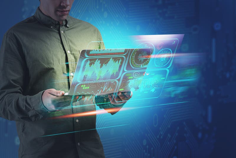 Engineer with Laptop, Infographic Interface Stock Image - Image of data ...