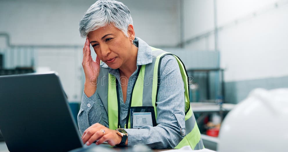 Engineer, Laptop and Stress with Woman in Workshop for Manufacturing ...