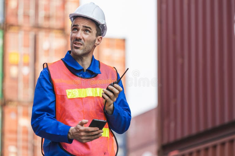 Engineer Logistics Professional Inspecting Containers, Dock Worker Man ...