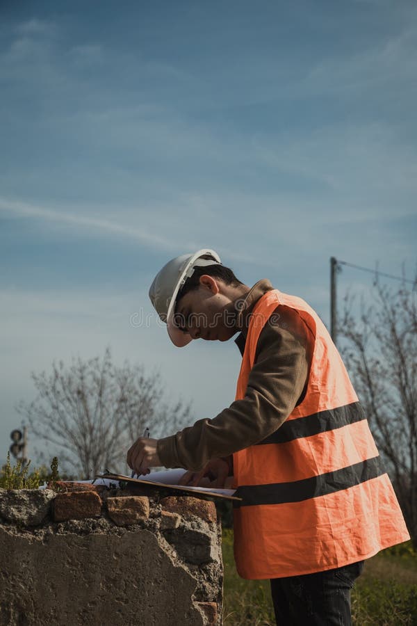 Engineer Looking Around the Construction Site and Taking Notes on the ...