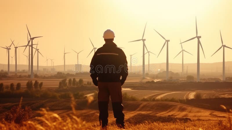 Engineer Looking and Checking Wind Turbines at Field. View from Behind ...