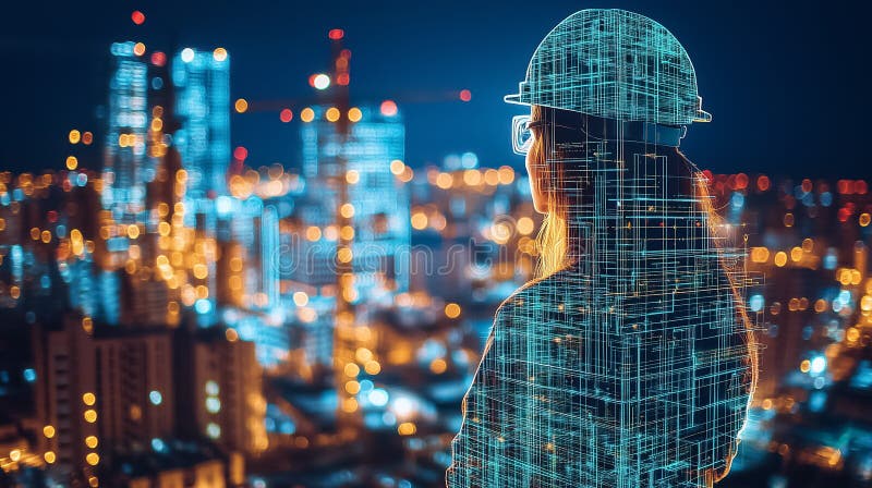 Engineer Looking at Illuminated City Skyline at Night with Digital ...