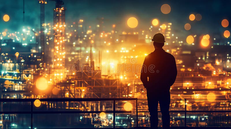 Engineer Looking at Industrial Plant at Night Stock Illustration ...