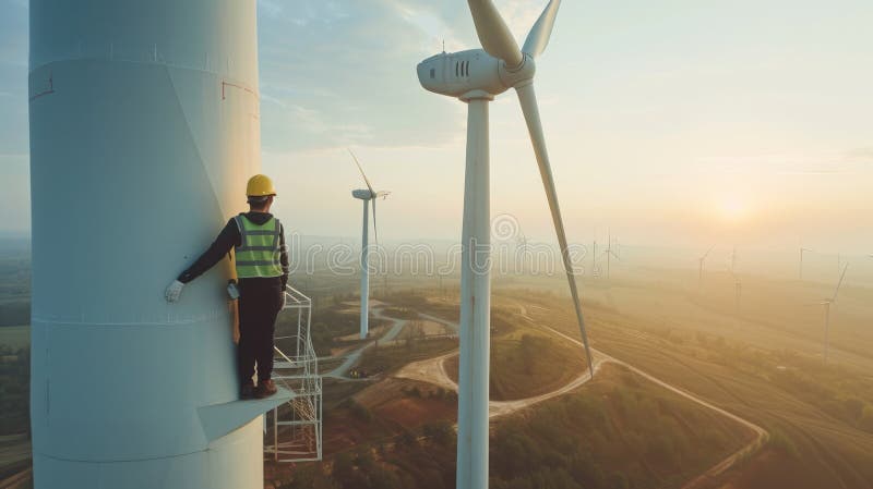 Engineer Looking and Inspecting at Wind Mill while Wearing Safety ...