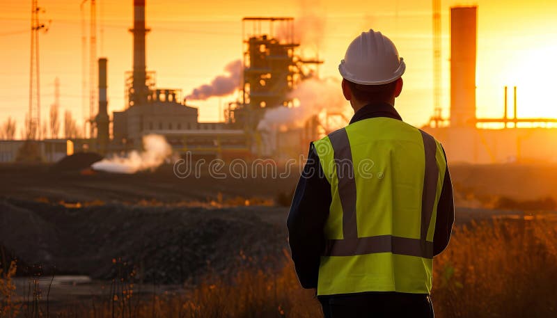 Engineer Looking at Mining Factory in Background of Construction Site ...