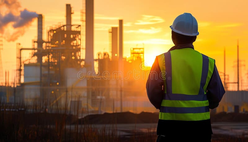 Engineer Looking at Mining Factory in Background of Construction Site ...