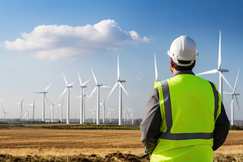 Engineer Looking at Wind Turbines, Generative AI Stock Illustration ...