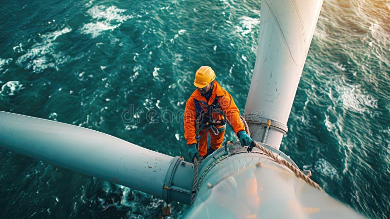 Engineer Man Maintains a Windmill Turbine on the Open Sea. Green Energy ...