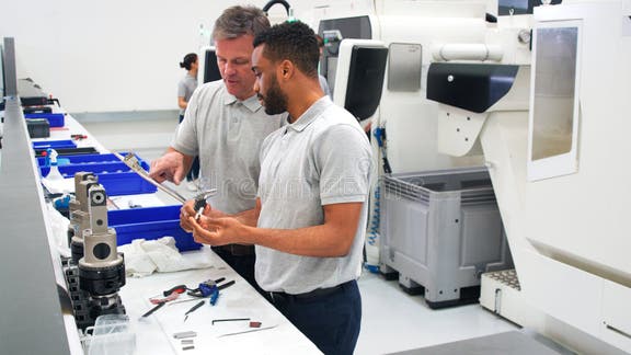 Engineer and Male Apprentice Measuring Components in Hi Tech Engineering Plant Stock Photo ...