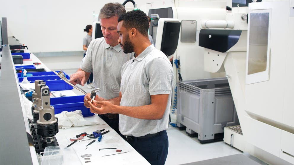 Engineer and Male Apprentice Measuring Components in Hi Tech ...