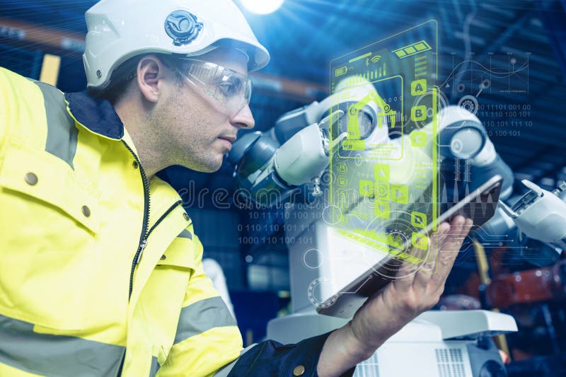 Engineer Male Control Operate Advanced Technology Robotic in Automation ...