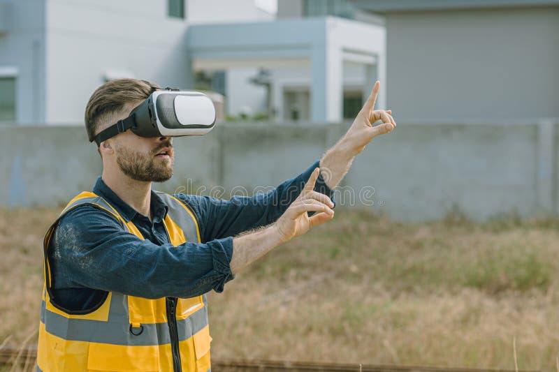 Engineer Male Worker Using VR Visual Reality Technology in Construction ...
