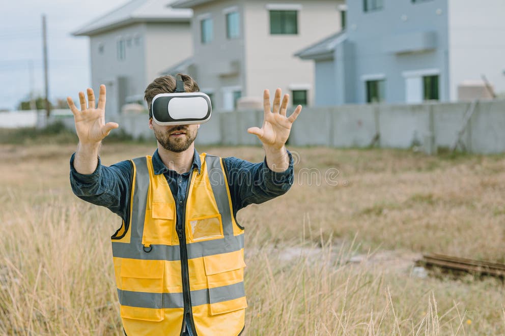 Engineer Male Worker Using VR Visual Reality Technology in Construction ...