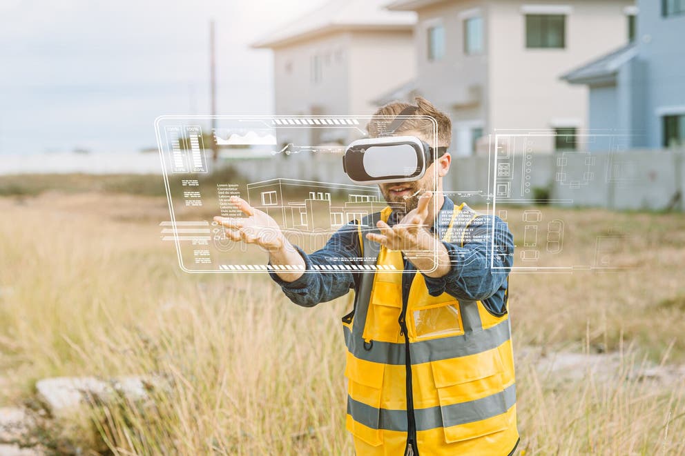Engineer Male Worker Using VR Visual Reality Technology in Construction ...