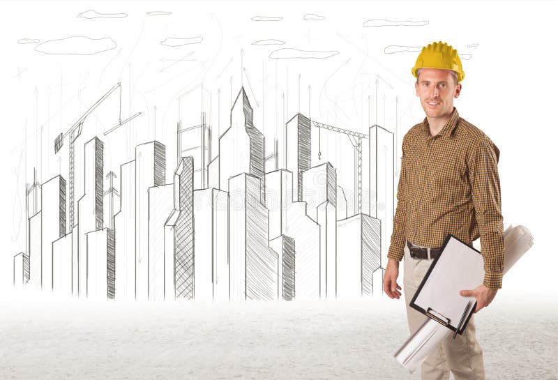 Engineer Man with Building City Drawing in Background Stock Image ...