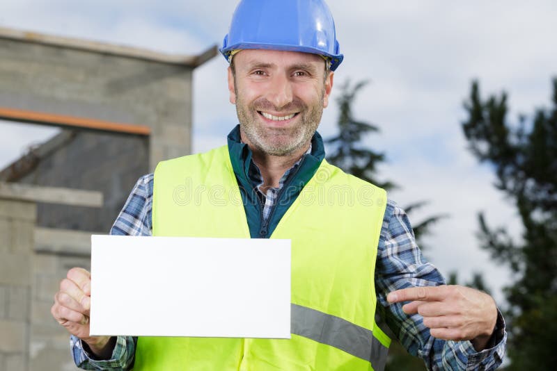 Engineer Man Construction Worker Holding Blank Advertising Banner Stock ...