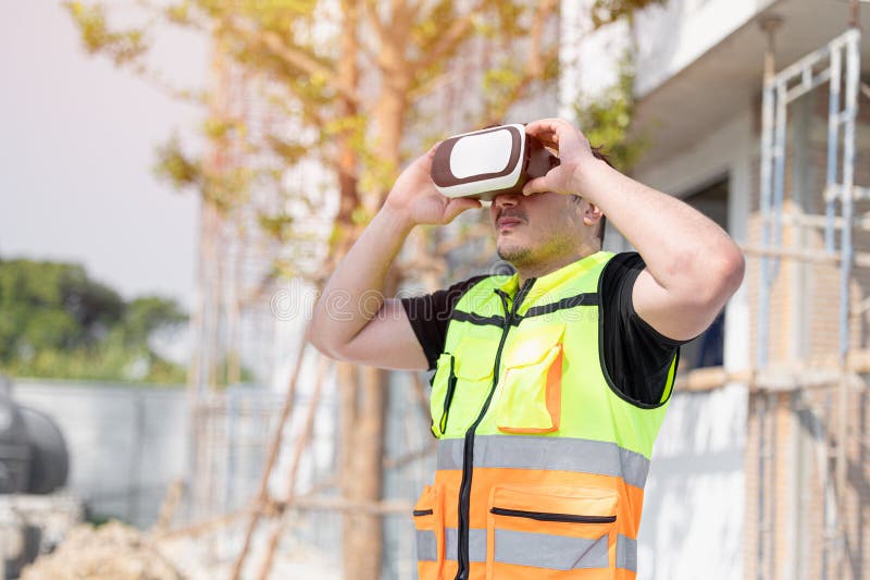 Engineer Man Construction Worker Using VR Headset on Job Site Stock ...