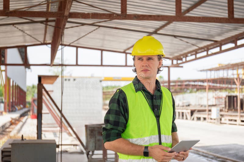 Engineer Man with Digital Tablet at Construction Site, Factory Foreman ...