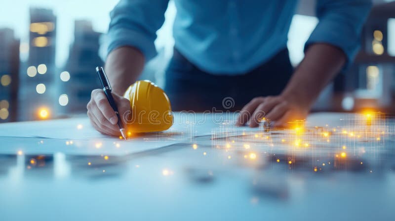 Engineer Man is Drawing a Blueprint with a Pen Stock Photo - Image of ...