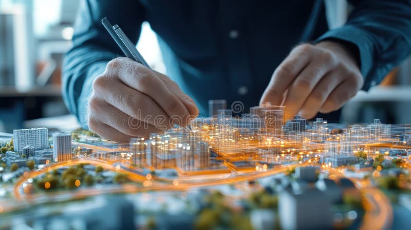 Engineer Man is Drawing a Blueprint with a Pen Stock Illustration ...