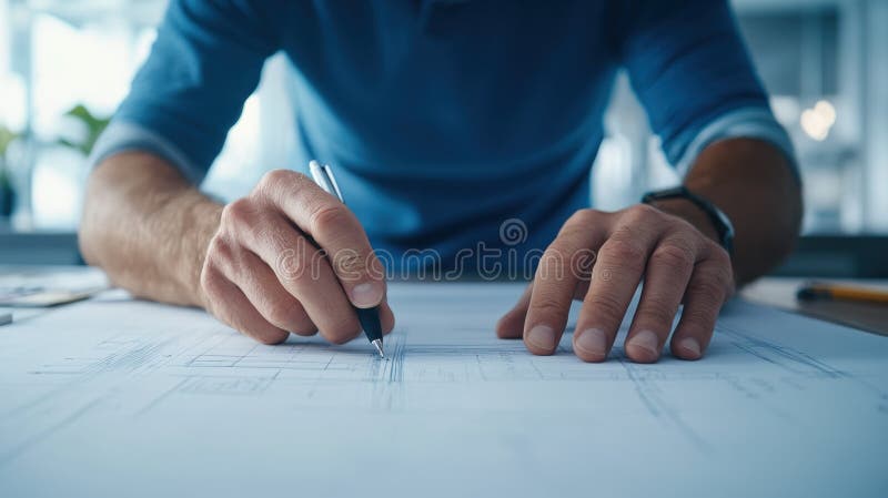 Engineer Man is Drawing a Blueprint with a Pen Stock Illustration ...