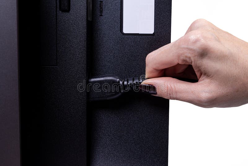 It Engineer Man Hand Inserts Cable Into Monitor Man Hand Connecting