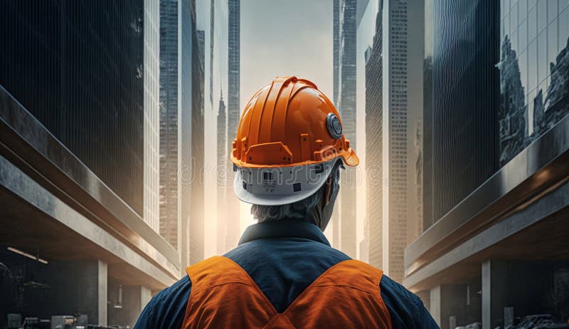 Engineer Man in Hardhat Helmet Overlooking Big Construction Building ...