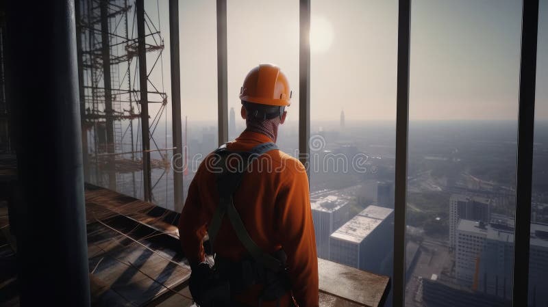 Engineer Man in Hardhat Helmet Overlooking Big Construction Building ...