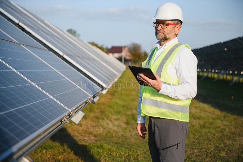 Engineer Man in Helmet in the Field of Solar Panels Stock Image - Image ...