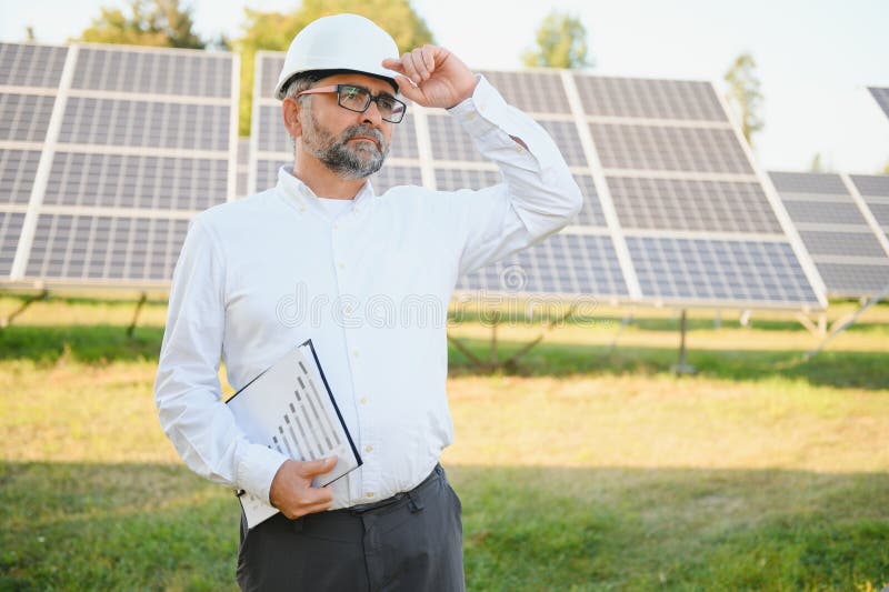 Engineer Man in Helmet in the Field of Solar Panels Stock Image - Image ...