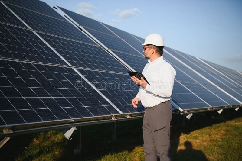 Engineer Man in Helmet in the Field of Solar Panels Stock Photo - Image ...
