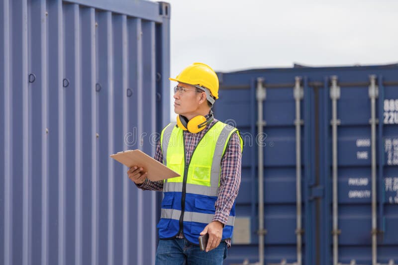Engineer Man in Industry Containers Cargo, Foreman Dock Worker in a ...