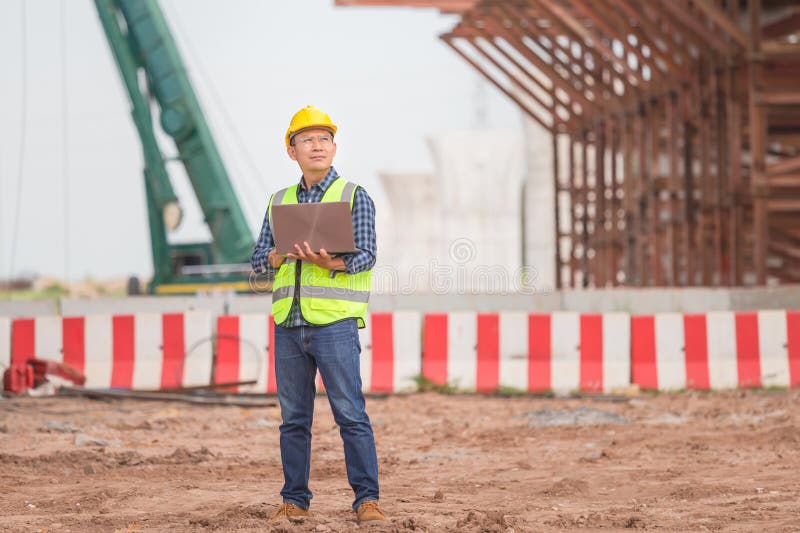 Engineer Man with Laptop at Infrastructure Construction Site, Foreman ...