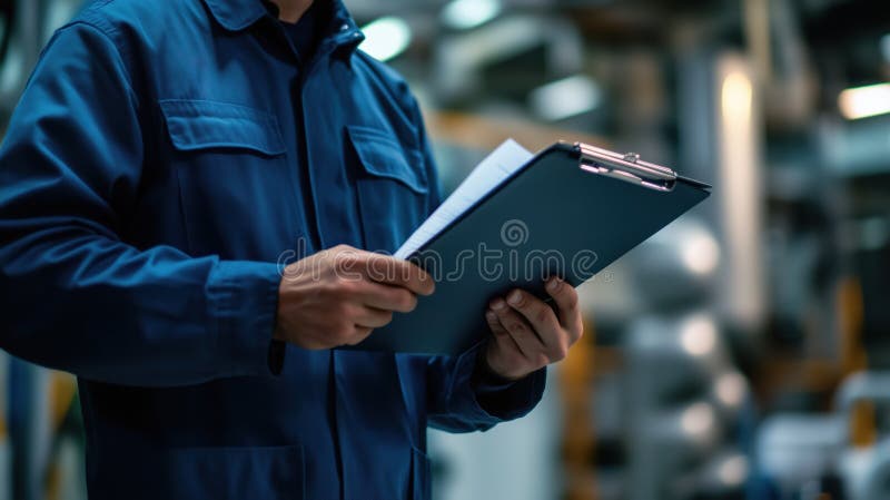 An Engineer Man Making Notes on His Clipboard in a Factory. Concept of ...