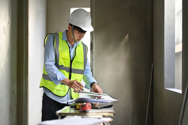 Engineer Man in Safety Helmet Working at Blueprints and Checking ...