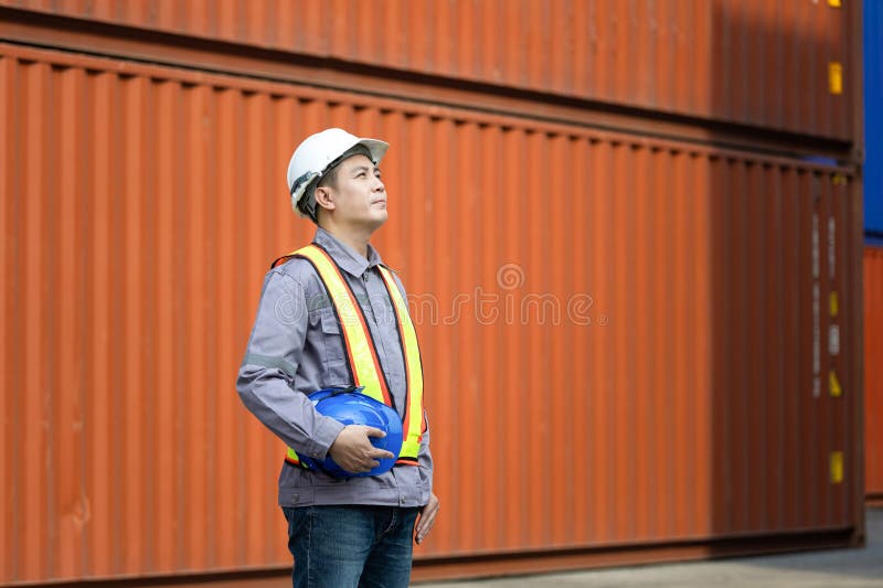 Engineer Man in Shipping Container Yard, Foreman Dock Worker in Hard ...