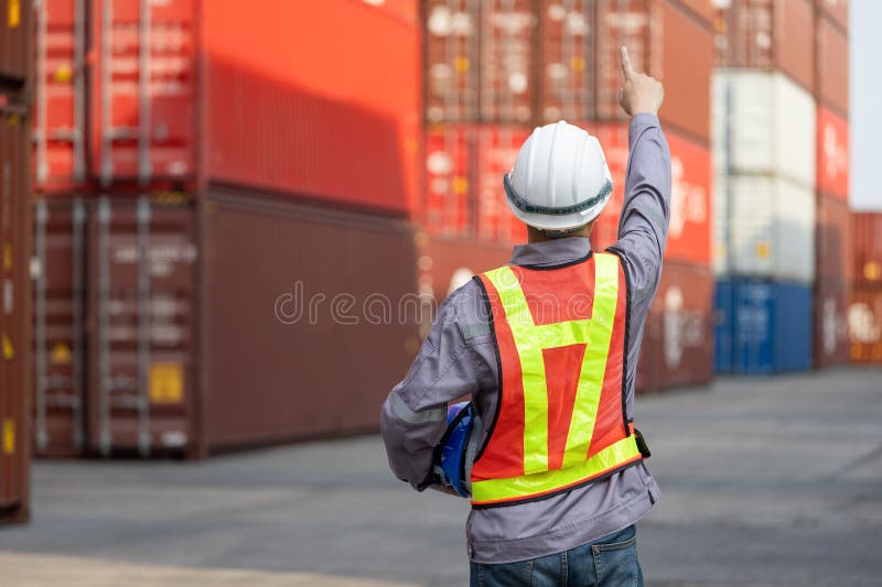 Engineer Man in Shipping Container Yard, Foreman Worker in Hard Hat at ...