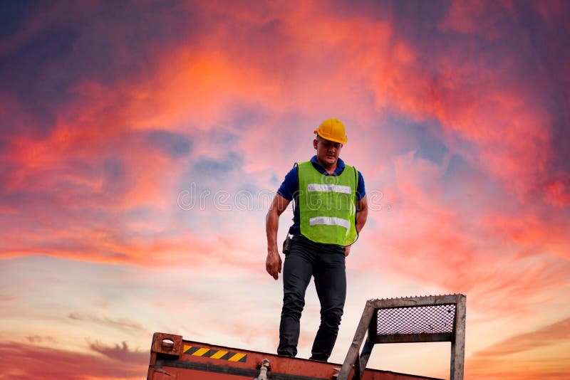 Engineer Man Standing on Container Box Evening Sunset Sky, Foreman ...