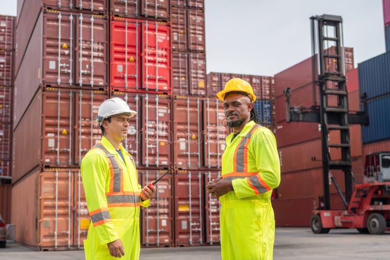 Engineer Man Team in Safety Gear at Container Cargo, Foreman Dock ...