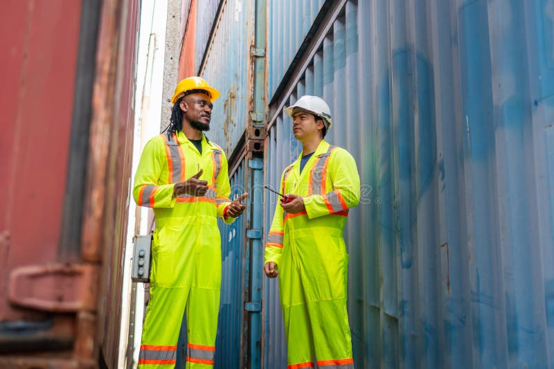 Engineer Man Team in Safety Gear Control Loading Containers Box at ...