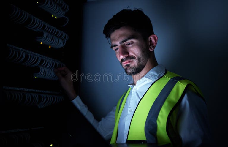 Engineer Man, Thinking and Night in Server Room for Information ...