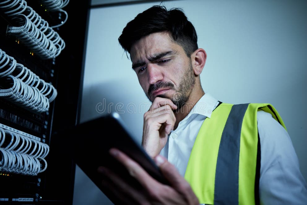 Engineer Man, Thinking and Tablet in Server Room for Information ...