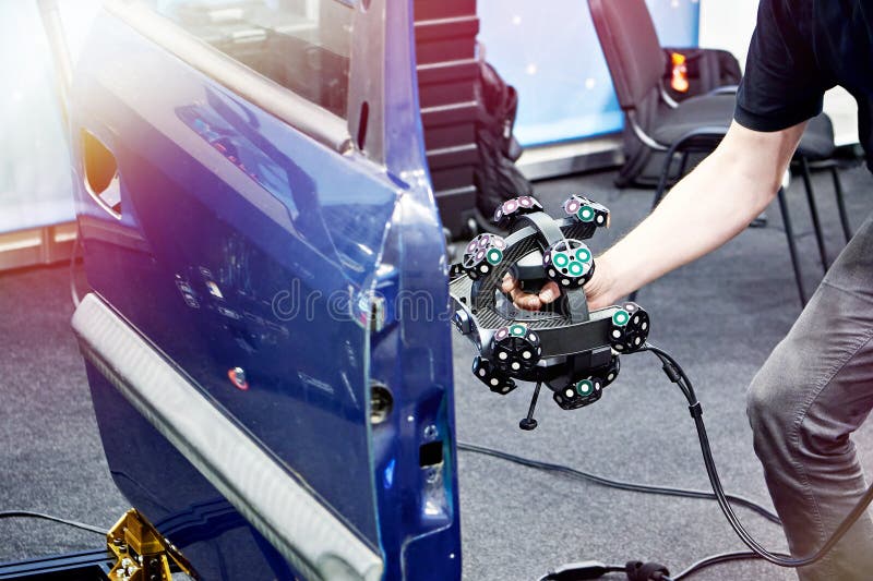 Engineer Man with Tracking 3D Scanner and Cars Door Stock Photo - Image ...