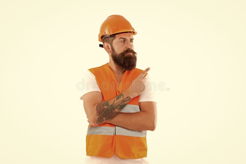 Engineer Man Uniform Point Finger Bearded Orange Vest Studio Shot Stock ...