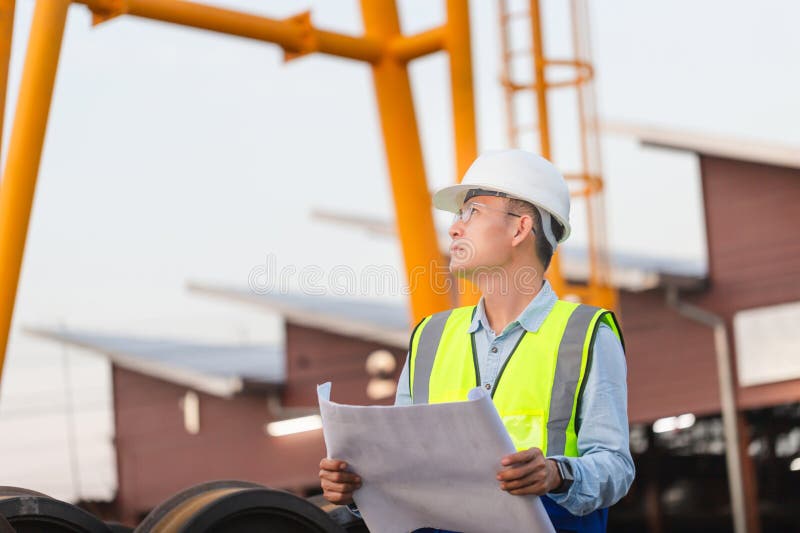 Engineer Man in Waistcoats and Hardhats and with Documents in ...