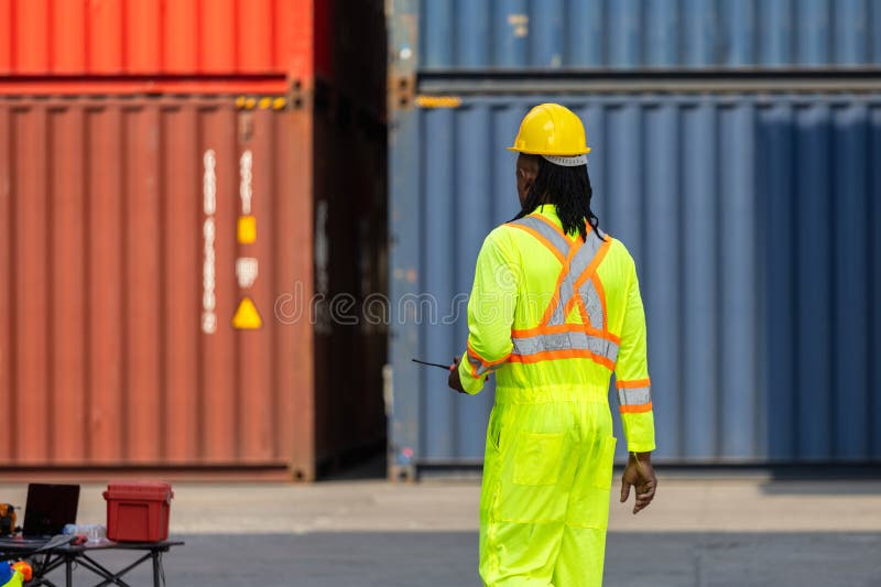 Engineer Man Walking in Industry Containers Cargo, Foreman Dock Worker ...