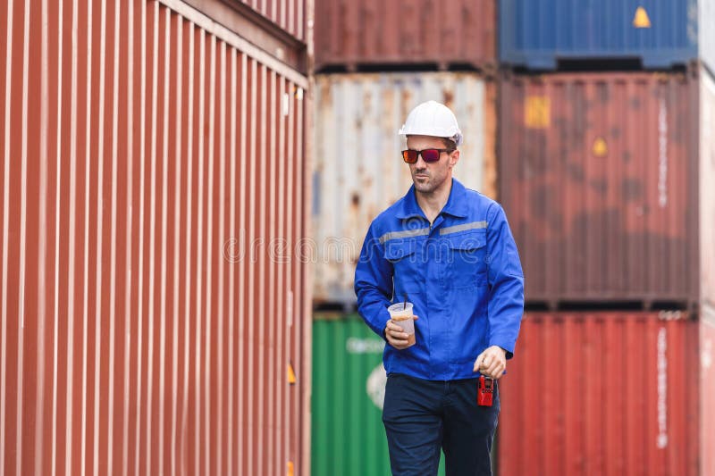 Engineer Man Walking at Shipping Yard, Warehouse Dock Worker Work in ...