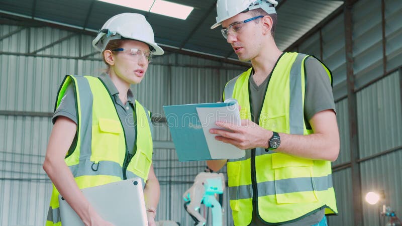 Engineer Man and Woman Talking and Explaining about Robot Arms ...